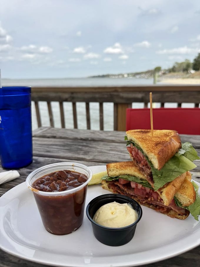 A sandwich with a view – perfectly toasted bread, layers of BLT goodness, and baked beans that didn't come from any can.