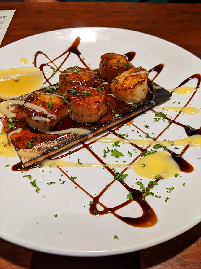 Scallops that look like they're performing on a culinary stage. That artistic drizzle of sauce isn't just for show—it's flavor choreography on a plate.