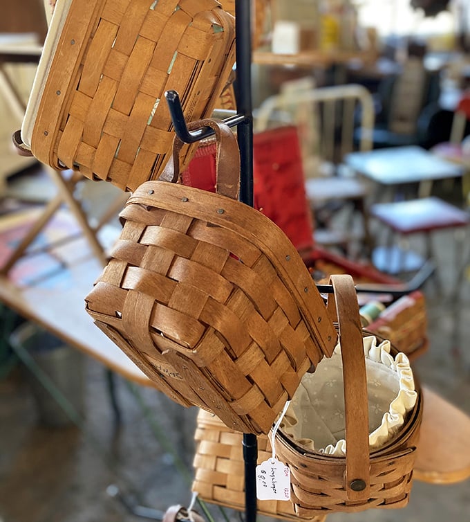Handwoven baskets hanging like functional sculptures—these weren't made to be decorative, yet they outshine most intentional art with their honest craftsmanship.