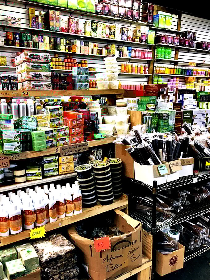 Beauty products stacked with the precision of a retail Tetris game – from soaps to lotions, all promising transformation at flea market prices.