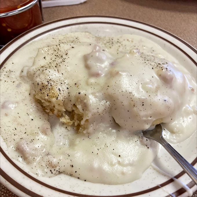 Biscuits and gravy so creamy they should require a lifeguard on duty. Comfort food that hugs you from the inside.
