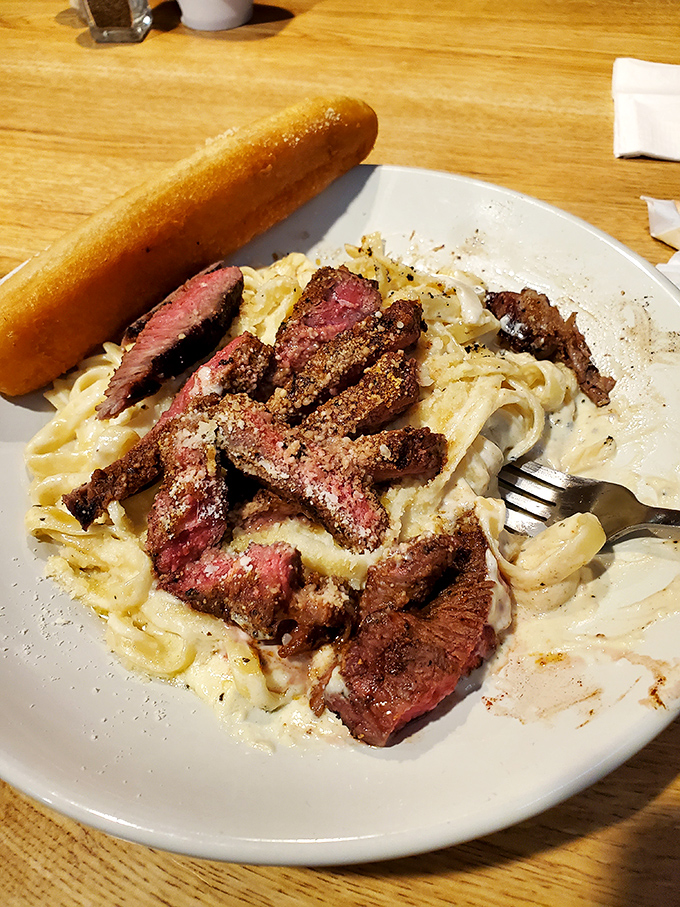 Blackened sirloin over creamy pasta – when you can't decide between Italian comfort and steakhouse luxury, why not have both? Genius.