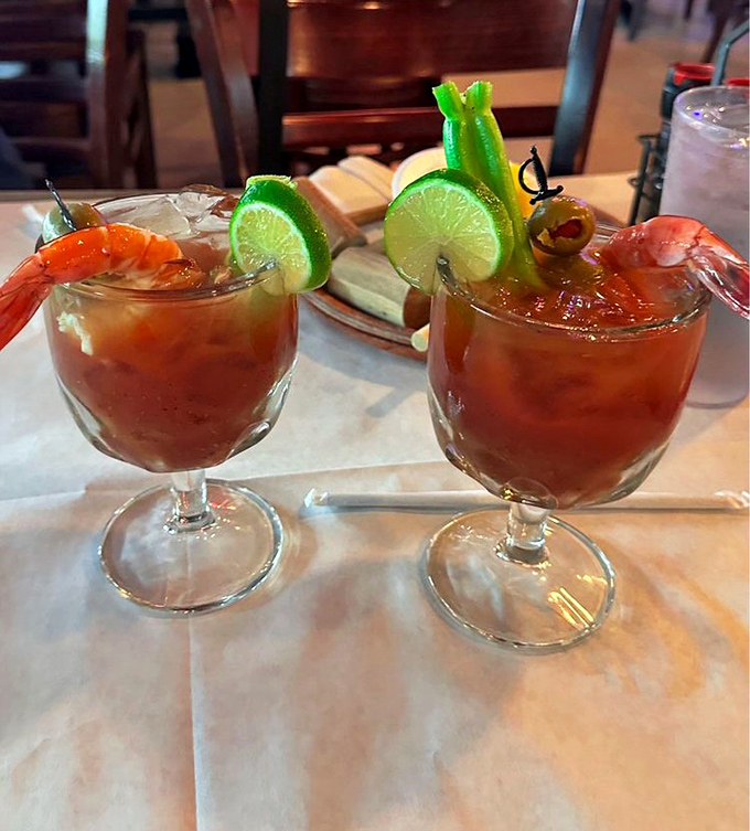 These Bloody Marys aren't just drinks—they're appetizers with alcohol, garnished with shrimp that practically high-five you with each sip.