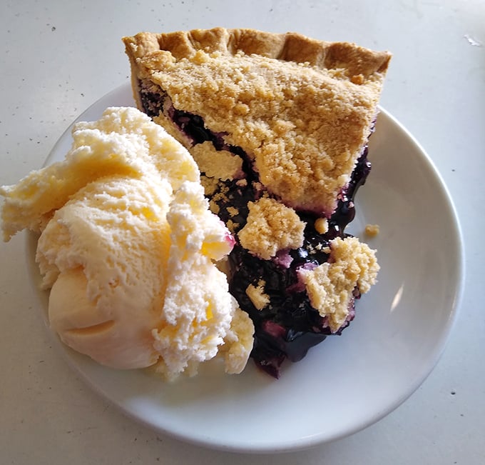 Blueberry pie with ice cream melting alongside—a dessert so perfect it deserves its own national holiday. Sweet dreams are made of this.