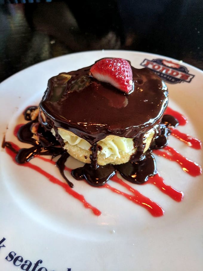 Chocolate cascades over cream like a decadent waterfall. This Boston cream pie makes you wonder why Boston gets all the credit.