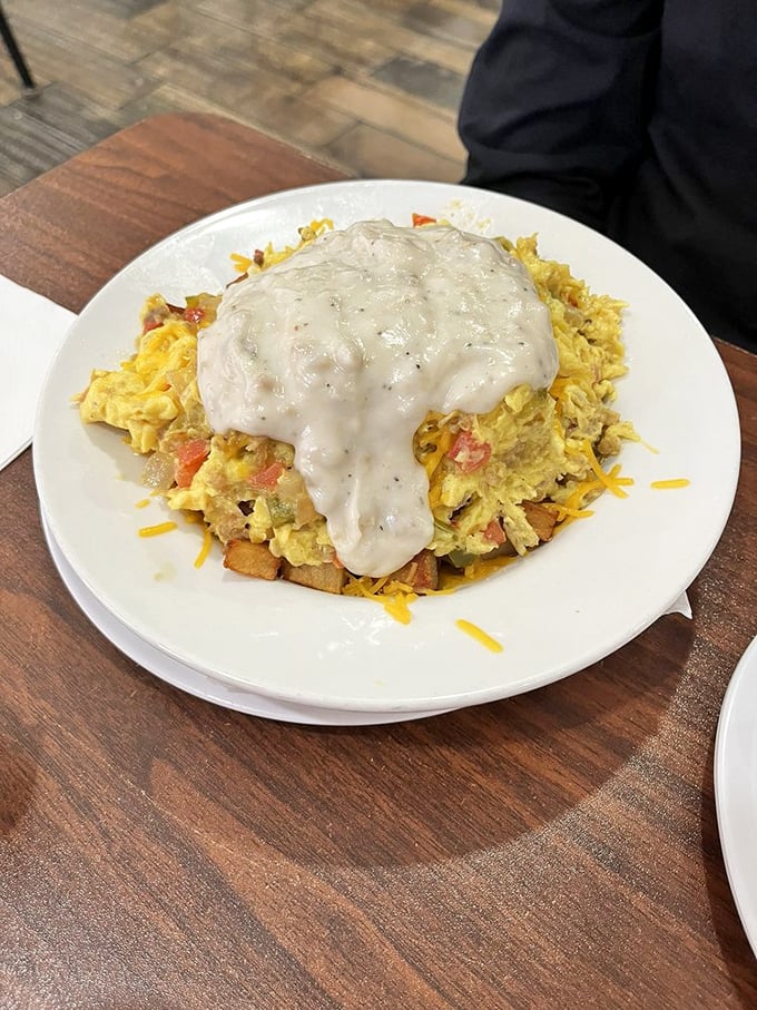 This breakfast scramble is what would happen if an omelet and hash browns had a beautiful baby and then covered it in gravy. Subtlety is overrated.