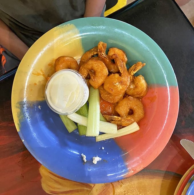 Buffalo shrimp that bring the heat of Buffalo wings to the Gulf of Mexico—a cross-country flavor collaboration that deserves its own peace treaty.