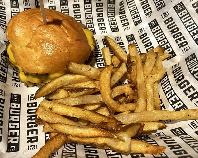 A cheeseburger and fries presented with honest simplicity. No pretentious vertical stacking here—just horizontal happiness waiting to be devoured.