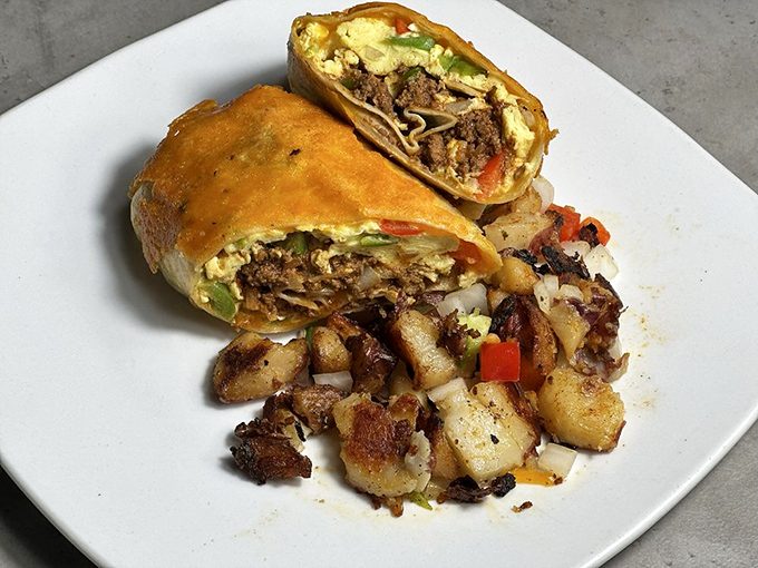 A breakfast burrito that's essentially a food hug – warm, satisfying, and exactly what you need after a rough morning.