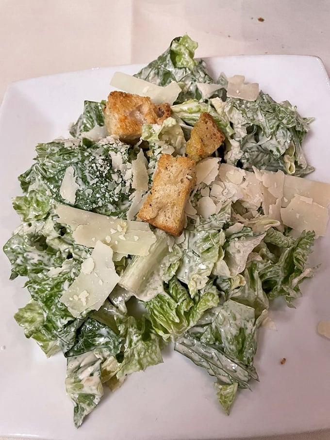 A Caesar salad that Julius himself would approve—crisp romaine, house-made croutons, and parmesan shavings in perfect proportion.