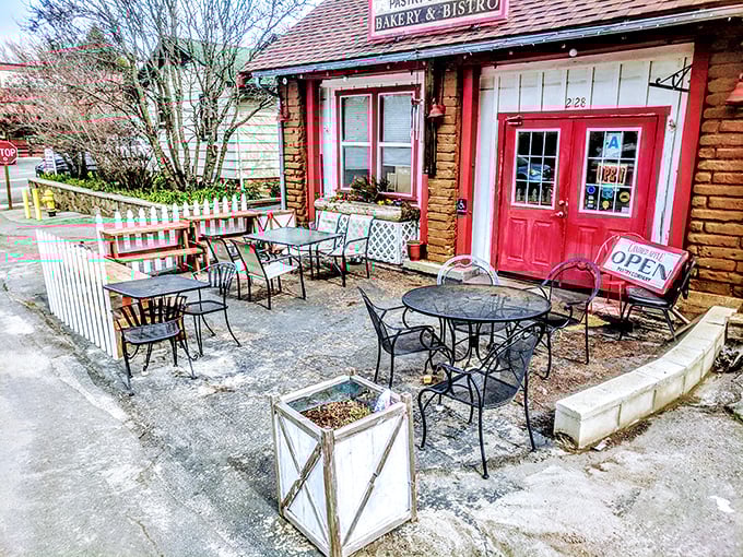 This quaint bakery's outdoor seating area invites you to savor both your pastry and the mountain air simultaneously.