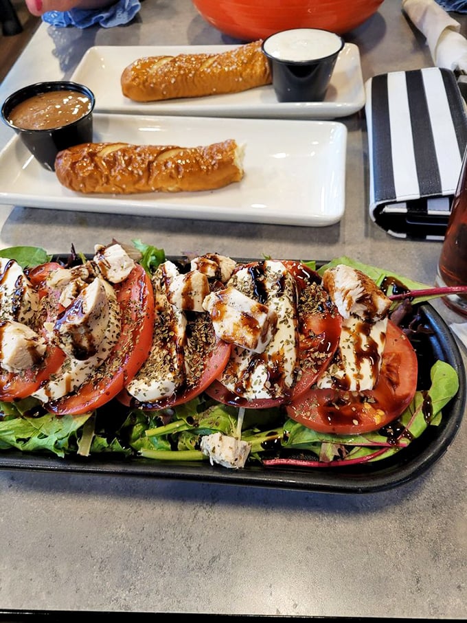 Fresh caprese salad and pretzel breadsticks – proof that Honeymoon Grille isn't just a breakfast one-hit wonder. Lunch brings its own delicious melody to the table.
