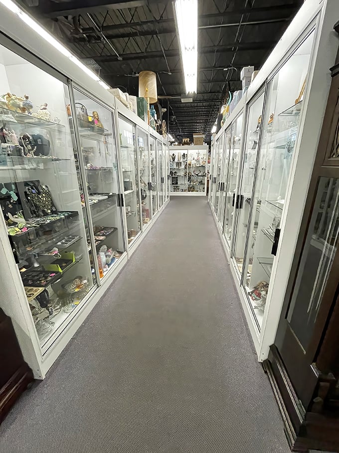 A corridor of glass cases housing miniature worlds of collectibles. This isn't just window shopping—it's time travel through perfectly polished display cases.