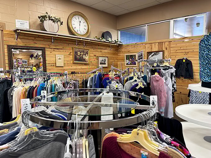 Circular racks create a maze of possibilities where that perfect vintage blazer might be hiding.