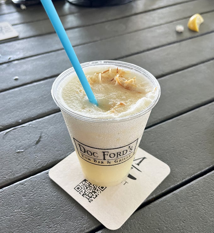 This coconut colada captures vacation vibes in a glass, complete with that essential tropical umbrella.