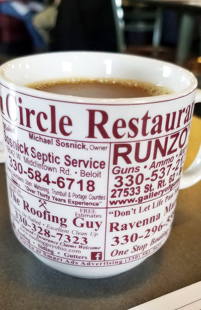 The coffee mug tells you everything – in small-town Ohio, your coffee comes with local business ads and refills come with local gossip.