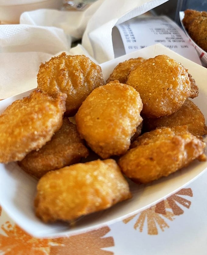 Corn nuggets that look like little golden pillows of happiness. Imagine corn deciding to dress up for a fancy night out—this is what it would wear.