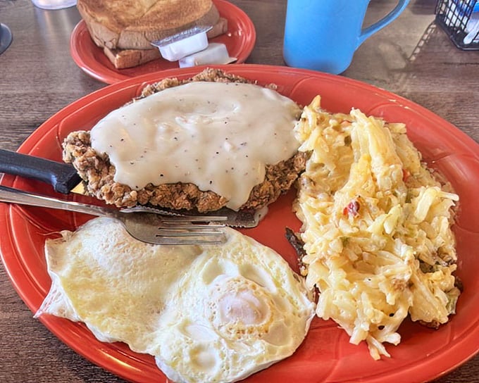 Country fried steak with gravy so good you'll contemplate drinking it straight, alongside eggs and hashbrowns that mean serious breakfast business.