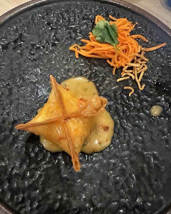 This crab rangoon isn't just fried—it's transformed into a golden pocket of creamy decadence that would make even the most dignified diner lick their fingers.
