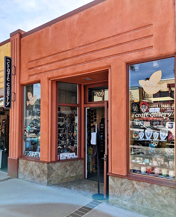 Handcrafted treasures beckon from this coral-colored storefront—souvenirs that won't end up in next year's garage sale.