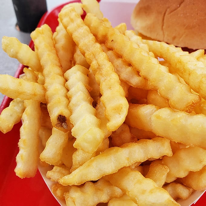 Crinkle-cut fries that achieve the golden ratio of crispy exterior to fluffy interior—the supporting actors that sometimes steal the show from the sandwich stars.