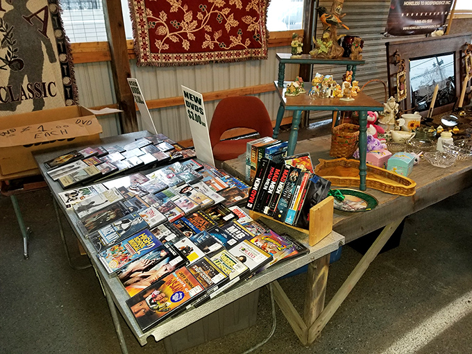 The DVD table – a time machine to when "Netflix and chill" meant a trip to Blockbuster and microwave popcorn, now available for pocket change.