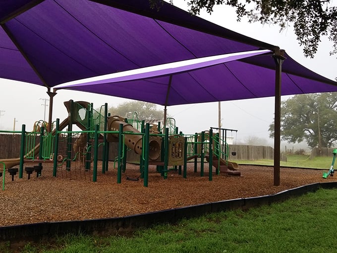 Shaded playgrounds and open spaces prove recreation doesn't require expensive admission fees here.