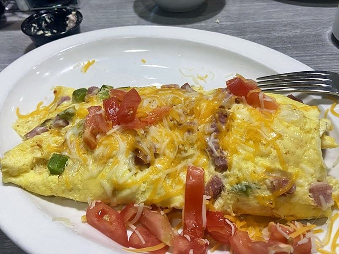An omelet that's basically a Denver skyline in breakfast form – peaks of melted cheese, valleys of ham, and a sunrise of perfectly cooked eggs.