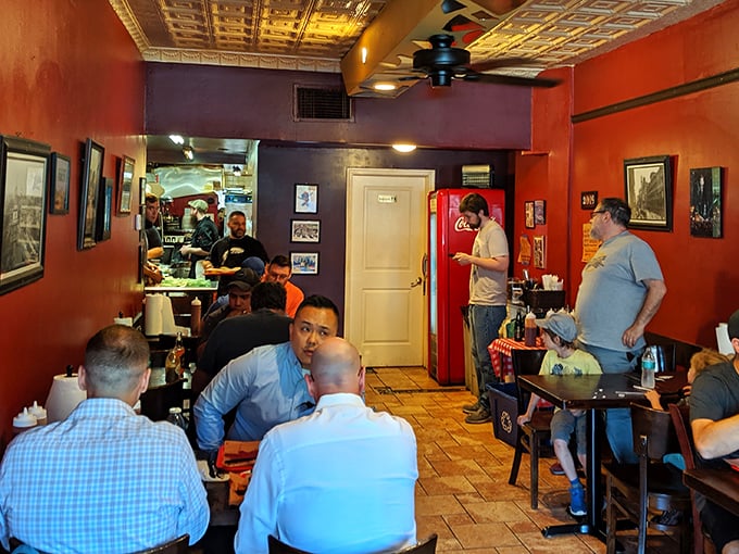 The lunch rush at Mike's – a diverse crowd united by the universal language of "mmm" and "pass the napkins, please."