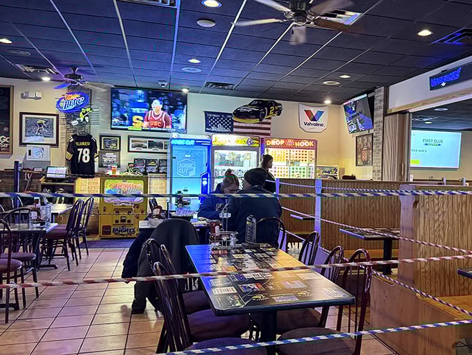 Where strangers become friends over shared tables and Steelers touchdowns – Dino's dining room during game day.