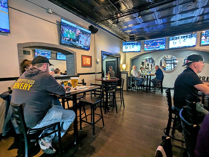 The dining area buzzes with conversation and camaraderie. Multiple screens ensure you'll never miss a play while savoring those legendary fries.