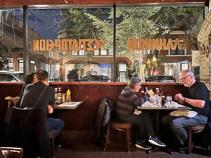 The window seats offer prime people-watching with your moussaka—a dinner and a show for the price of one.
