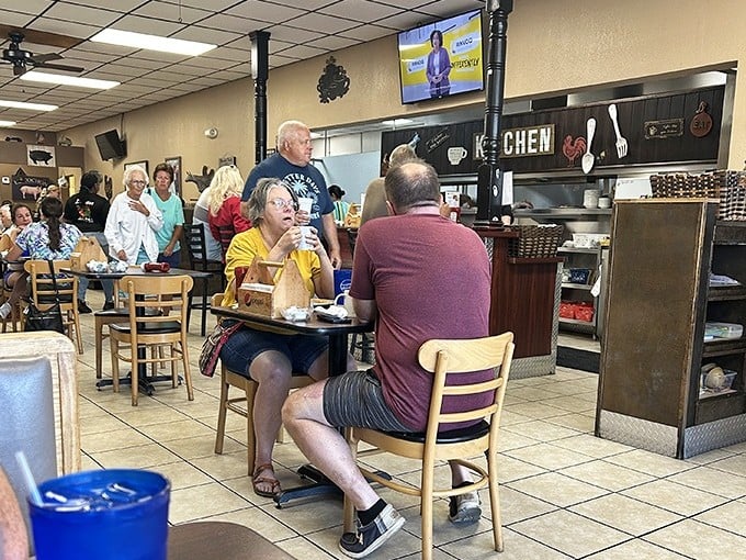The breakfast crowd in full swing—a cross-section of locals who know that good food trumps fancy surroundings every single time.