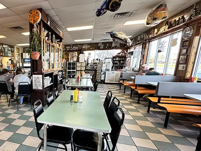 The dining room feels like America's living room—checkered floors, memorabilia-covered walls, and tables that have hosted road-trippers' stories for decades.