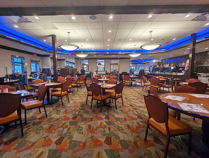 Blue lighting transforms this dining room into the Sinatra of diners—classy, timeless, and guaranteed to put you in a New York state of mind.