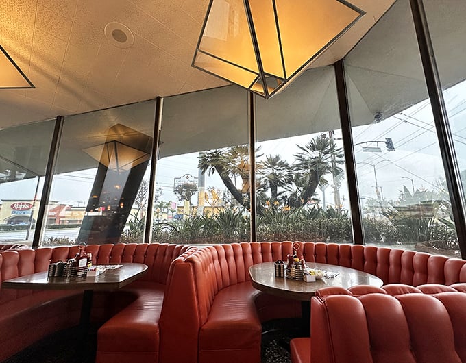 Those curved red booths and floor-to-ceiling windows create the perfect fishbowl for people-watching while you contemplate a second helping.