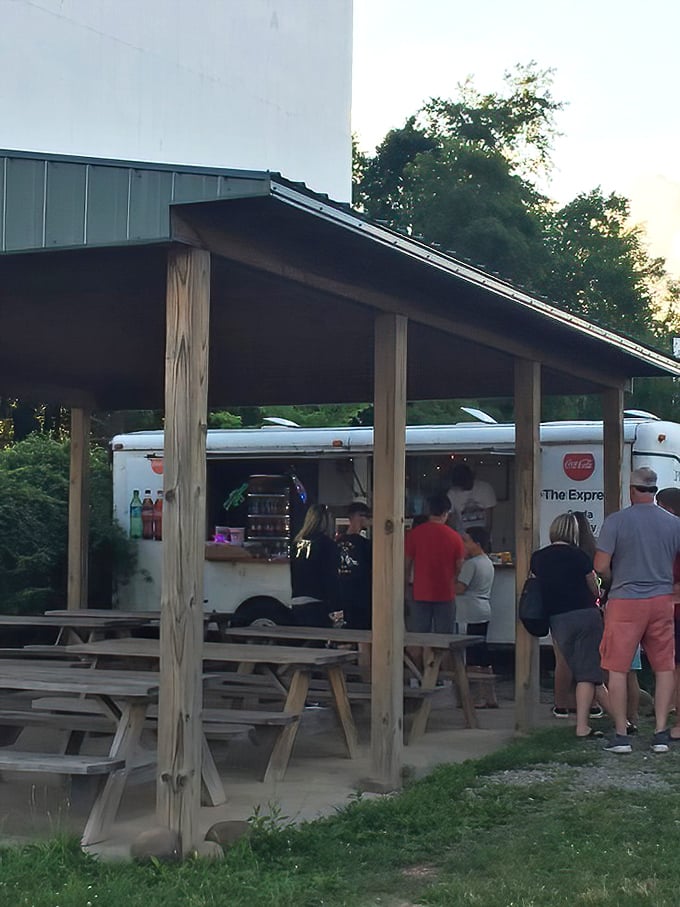 Picnic tables under a rustic pavilion—where strangers become temporary neighbors united by the universal language of movie snacks.