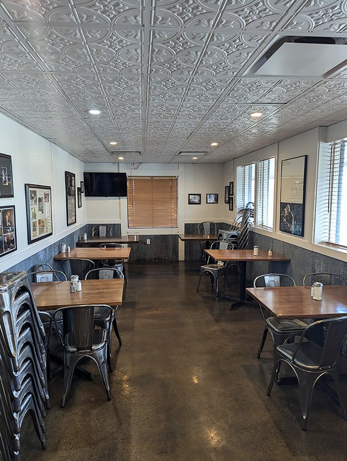 Where decorative tin ceilings meet modern comfort—like your grandma's house got a really nice makeover.