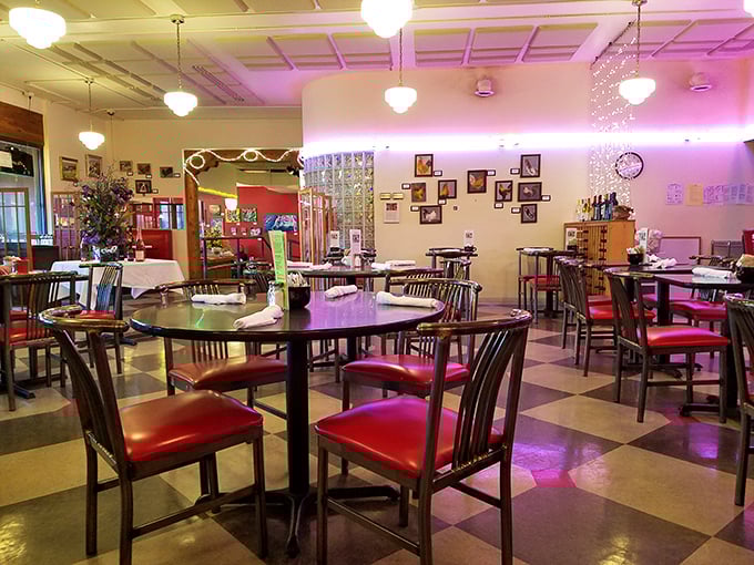 The dining room's warm lighting and retro-cool aesthetic create the kind of space where you'll want to linger long after your plate is clean.