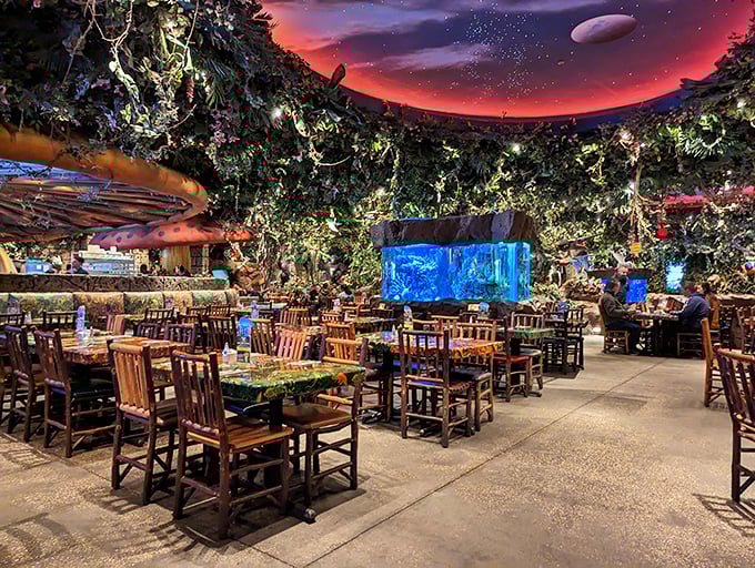 The dining room feels like a movie set where Jurassic Park meets Casablanca – mysterious, romantic, and with the distinct possibility of animatronic wildlife.