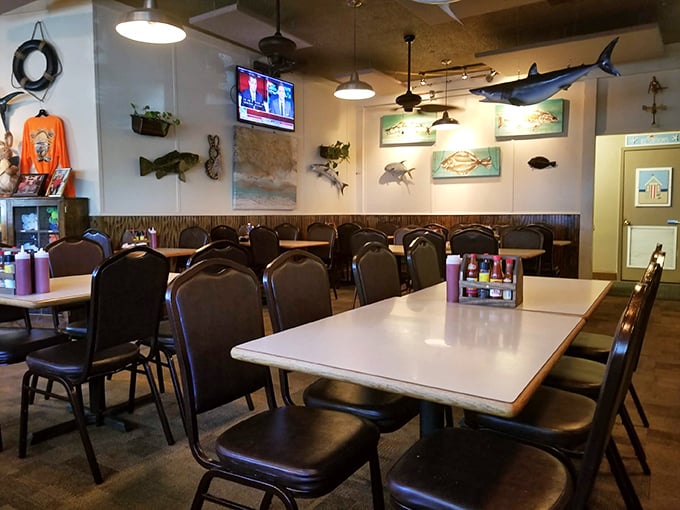 The dining room feels like the captain's quarters of a beloved fishing vessel—comfortable, unpretentious, and ready for adventure.