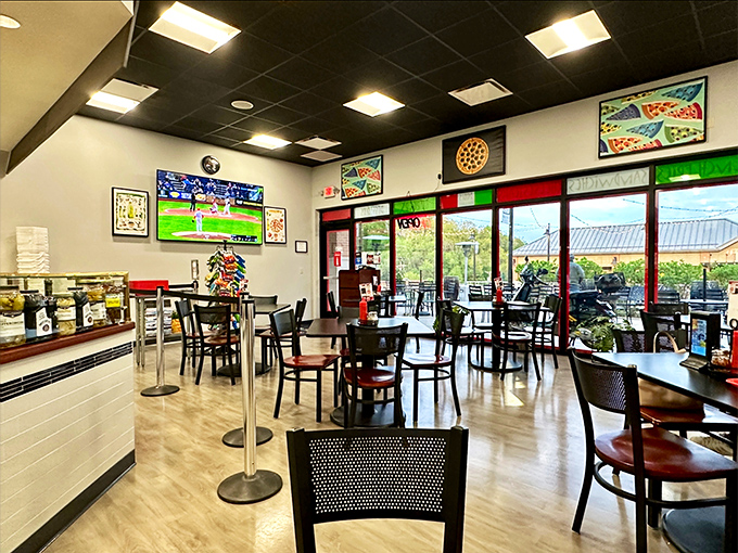 Clean lines, bright spaces, and pizza-themed art create the perfect backdrop for the main event: food worth crossing county lines for.
