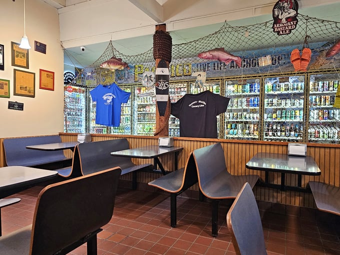 Where fishing nets meet merchandising genius. The décor says "authentic seaside joint" without trying too hard.