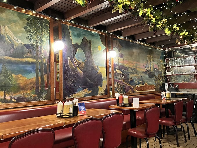 The dining area's landscape murals transport you to Portuguese countryside vistas while you wait for your linguiça to arrive.