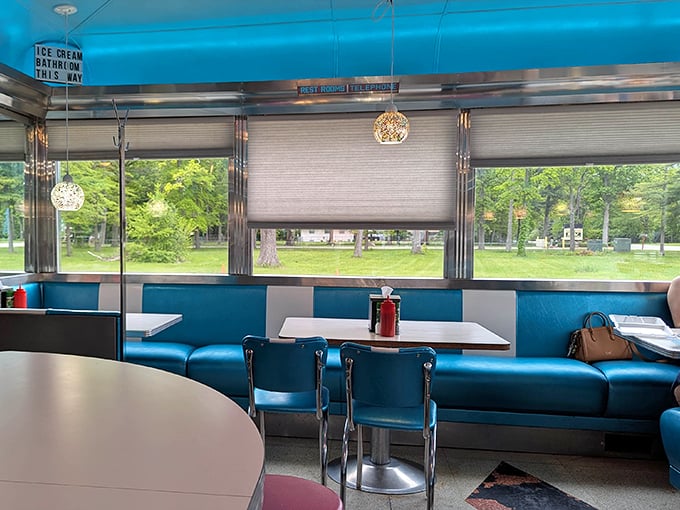 Blue booths bathed in natural light create the perfect backdrop for your food photos—or actual human conversation, if you remember how that works.