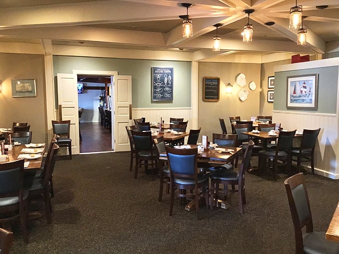 The dining room balances nautical charm with Pennsylvania comfort – like your favorite aunt's living room if she were married to a sea captain.