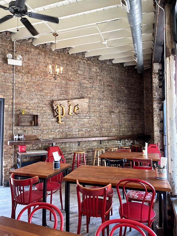 The dining room's "pie" sign on exposed brick isn't just decor—it's more like a spiritual symbol for the religion of good eating.