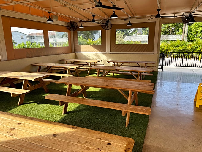 Al fresco dining with a side of Florida sunshine. These picnic tables have witnessed more food euphoria than a cooking show audience on free sample day.