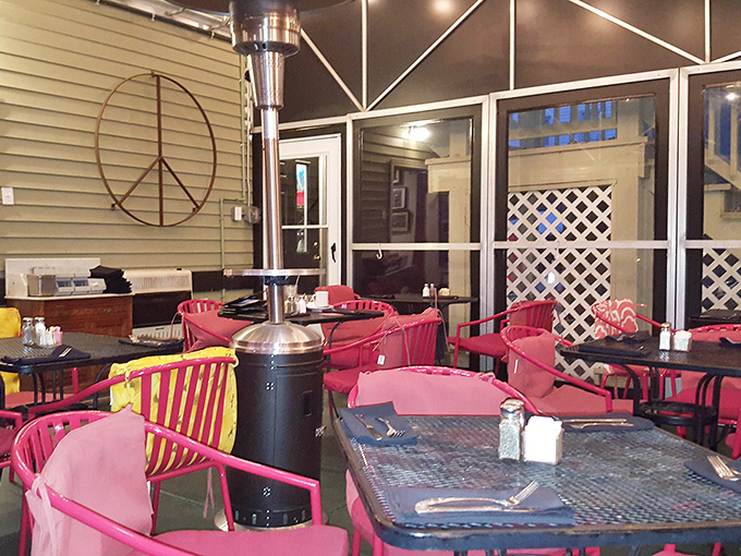 Outdoor dining with a heater for those "it's not that cold" Midwestern moments we all know and love.