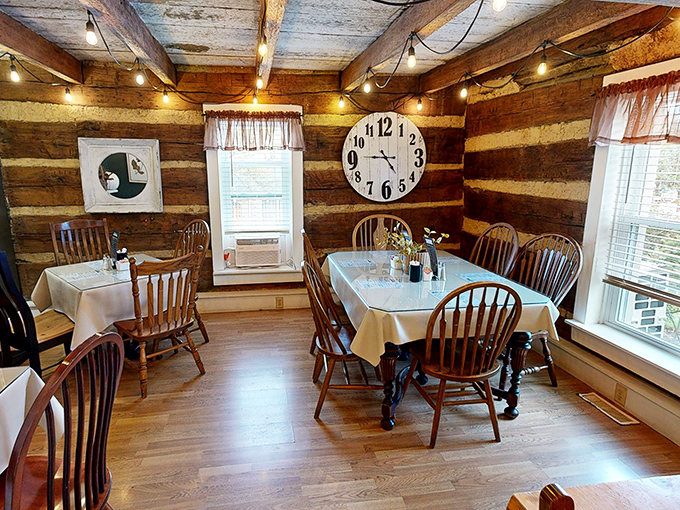 Log cabin meets fine dining in this charming corner. That oversized clock isn't just decor—it's reminding you to slow down and savor every bite.